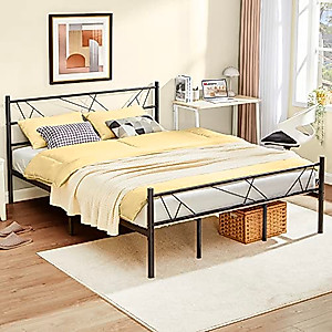 WOHOMO Queen Bed Frame with Headboard, Upgarded 14 Support Leg Bedframe Metal Platform, Never Squeaky, Heavy Duty Steel Slats Mattress Foundation, No Box Spring Needed, Black