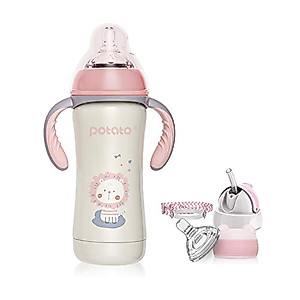 POTATO Baby Thermos Cup Water Bottle for Kids Stainless Steel Sippy Cup with 3 Kinds of Lids,Keeps Cold for 8 Hours 8 oz, Pink