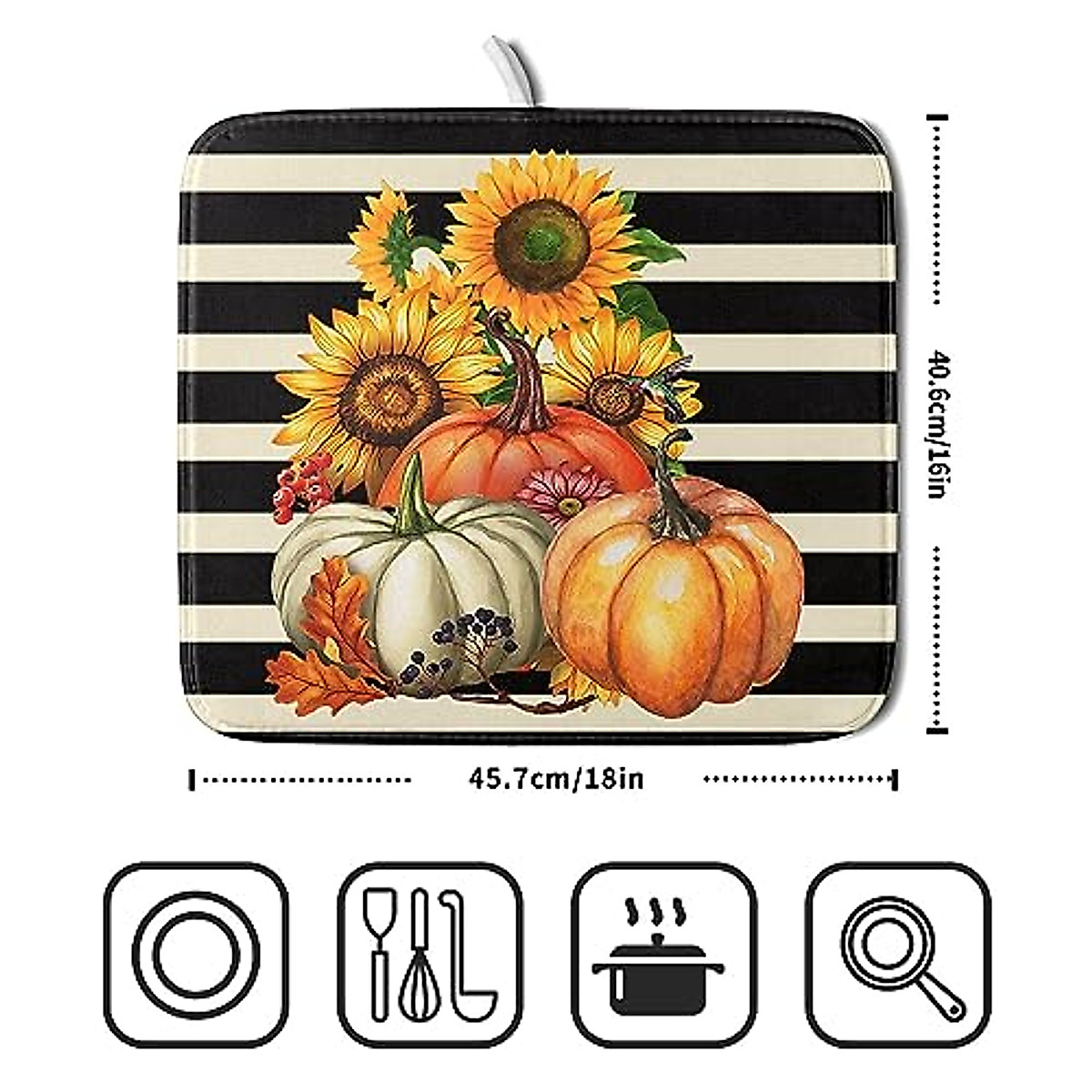 Sunflower Pumpkin Dish Drying Mat for Kitchen Counter,Black and White Stripe Drying Mat 16 x 18 Inch with Absorbent Reversible Microfiber Dish Drying Pad Dish Rack Drainer Mat for Coffee Bar