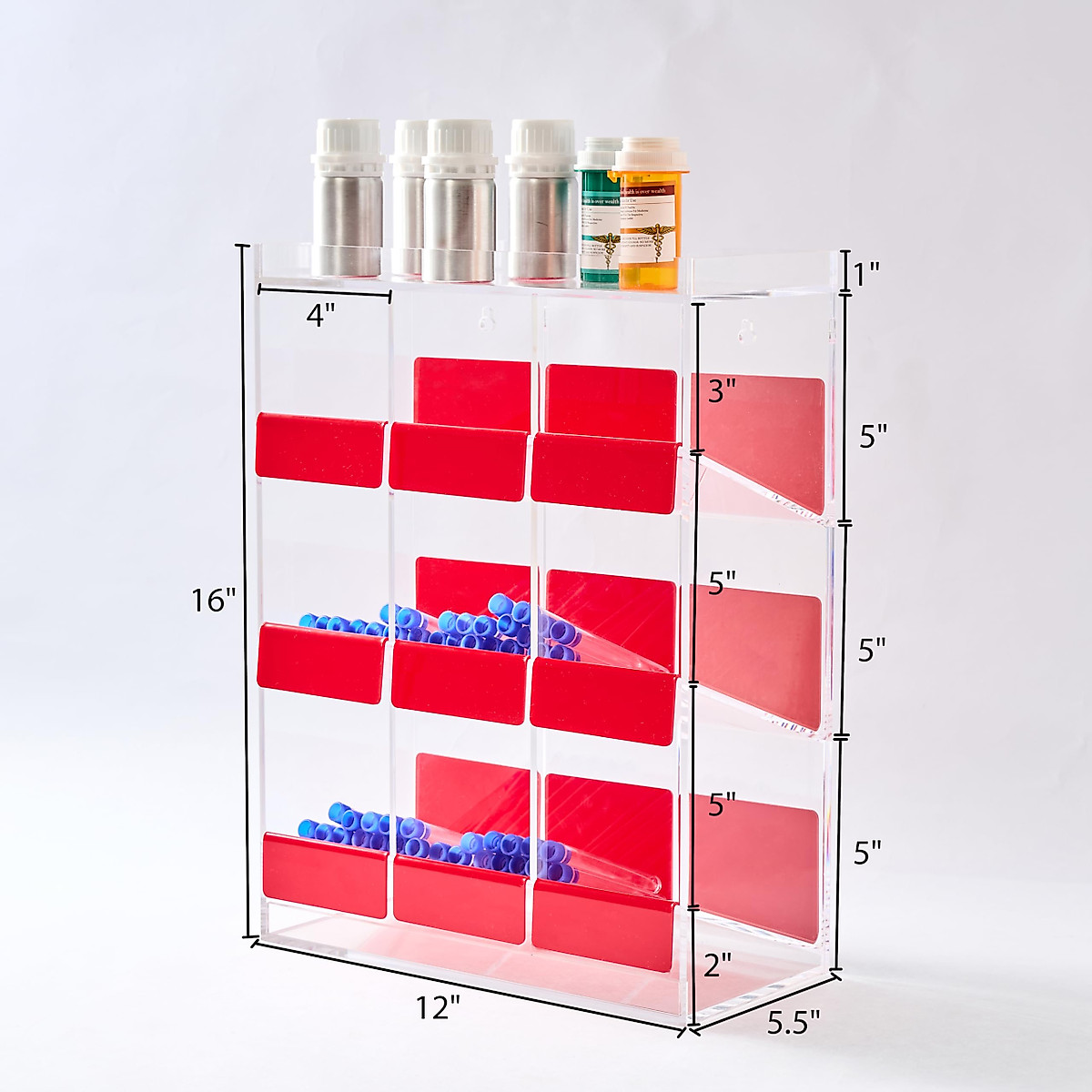 CiaoHER Clear Acrylic Tube Rack 9 Compartment Wall Mounting or Countertop with Pull-out Trays for Each Compartment, 12" W x 5.5" D x 16" H