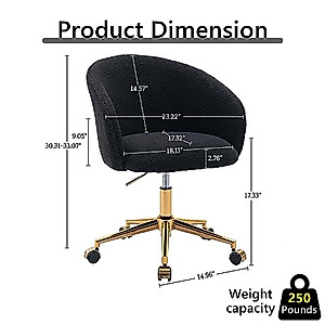 HomVent Modern Faux Fur Home Office Chair, Furry Cute Desk Chair with Gold Metal Leg, Ergonomic Adjustable Swivel Desk Chair with Wheels, Makeup Vanity Chair for Girls Women Study Makeup Bedroom Black
