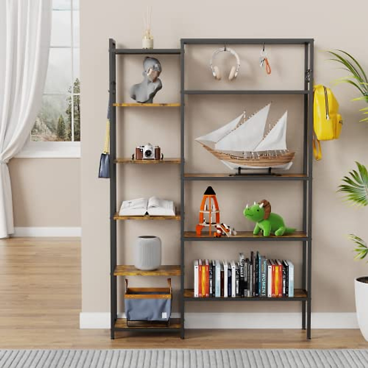 Iaocpio 6 Tier Bookshelf 70 inch Tall Bookcase, Double Wide Bookshelves with 6 S-Hooks.