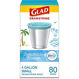 GLAD Small Drawstring Trash Bags, 4 Gallon Green Trash Bags for Small Kitchen or Office Trash Can, Beachside Breeze with Febreze Freshness to Eliminate Odors, 80 Count - Packaging May Vary
