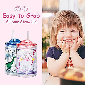 Nuovoo Kids Glitter Tumbler Cup Bulk with Lid and Straw, Cute Double Wall Tumbler Cups Turners with Handle for Starter, Clear Toddler Sippy Cup, Kawaii Rainbow Water Bottle, Set of 2, Pink & Blue