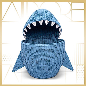 Adore Decor Sharky Laundry Hamper, Child & Pet Safe Basket, Baby Hamper for Nurseries, Cute Toy Basket for Children's Bedrooms, or Cat & Dog Toy Box, Natural & Sustainable Water Hyacinth, Medium Blue