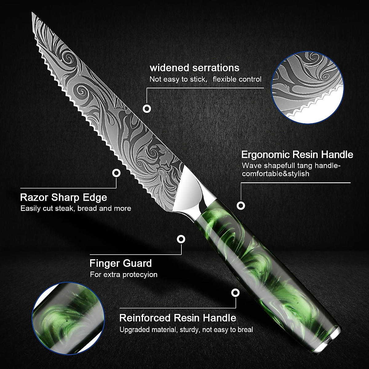 XT XITUO Serrated Steak Knife Set w/Beautiful Engraved Pattern - 6PC Premium 4.5 inch Steak Knives, German Steel Knife Table Dinner Knife w/Emerald Green Resin Handle for Home Restaurant