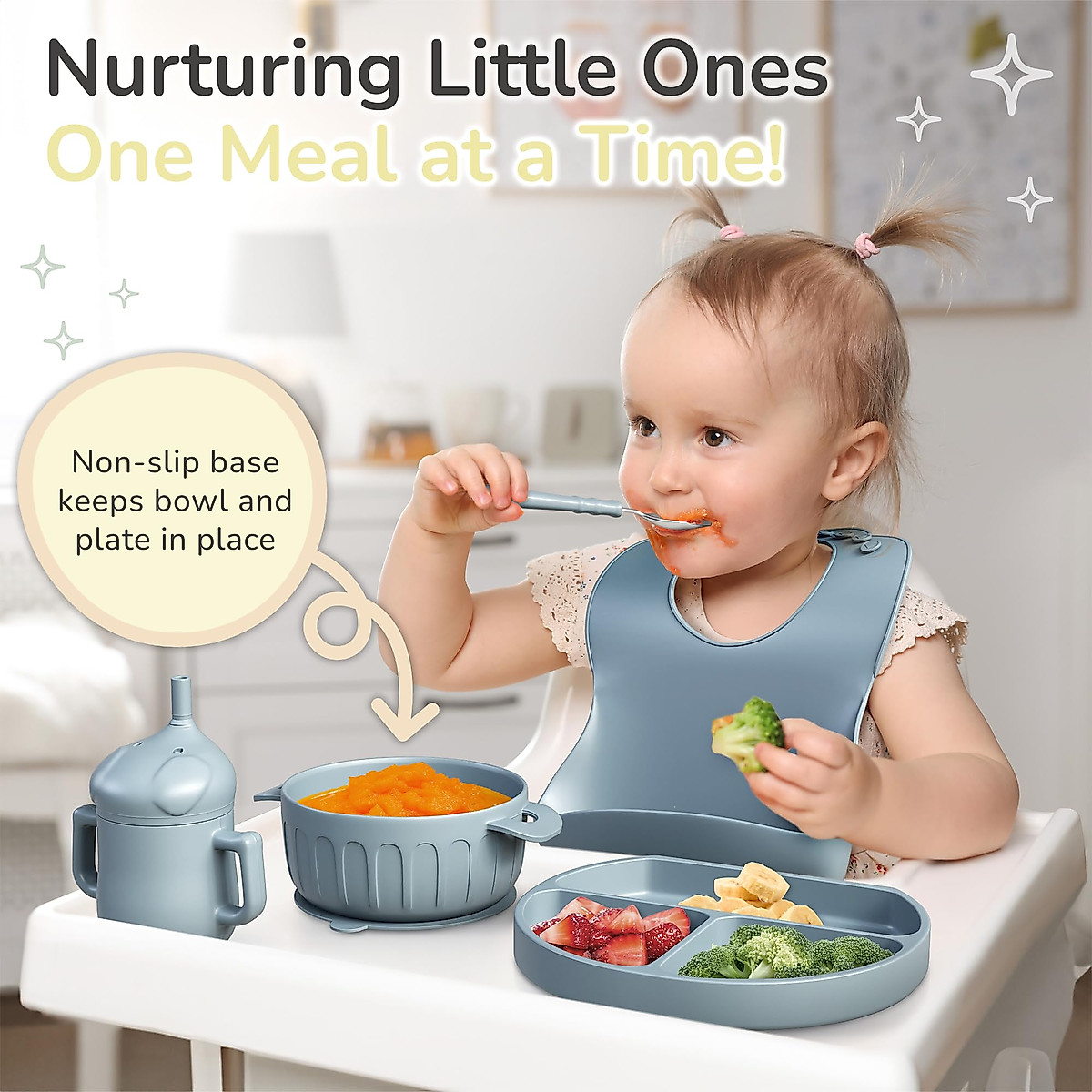 mimi & kiki BPA-Free Silicone Baby Feeding Set, Baby Plates and Bowls Set, Baby Led Weaning Supplies, Silicone Suction Plate, Baby Utensils, Bib and Cup, Self Feeding, Dishwasher Safe (Blue)