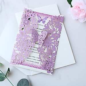 Hosmsua 5.1x7.3'' 50PCS Purple Glitter Quinceanera Invitation Kit Laser Cut Flora Butterfly Invitation Cards Pocket with Envelopes for Bridal Shower Sweet 16 Wedding Invitation (Purple Glitter)