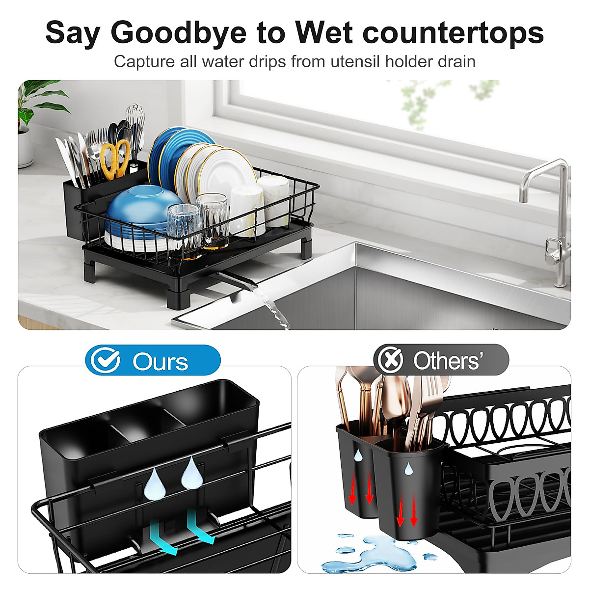 GSlife Dish Drying Rack, Small Dish Rack with Tray Compact Dish Drainer for Kitchen Counter Cabinet, Black