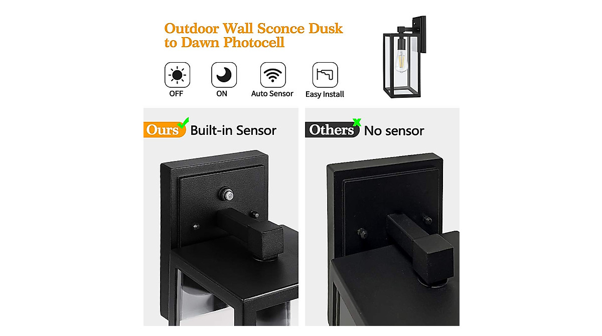 CINOTON Dusk to Dawn Outdoor Wall Sconce - Waterproof Black Lighting