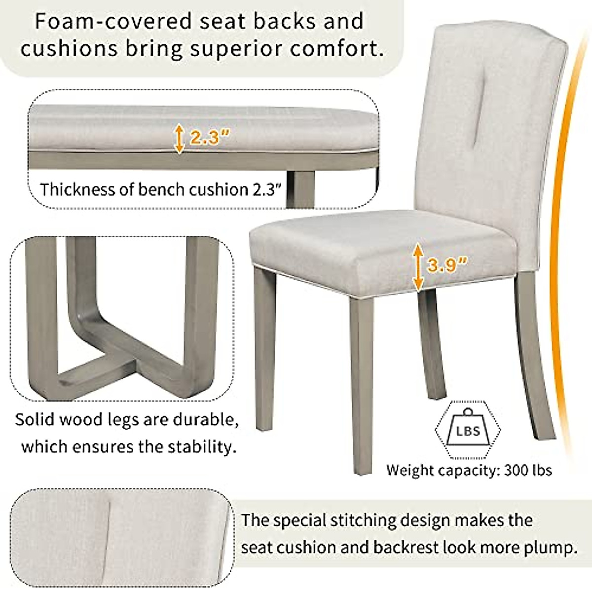 GLORHOME 6-Piece Retro-Style Set Table, 4 Upholstered Chairs & Bench | Foam-Covered Seat Backs & Cushions | Ideal for Dining Room | Light Khaki+Beige