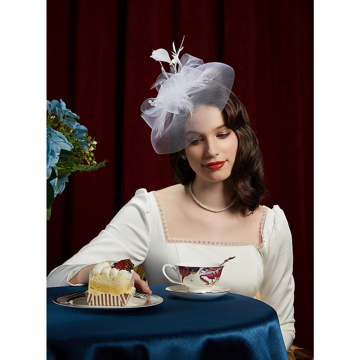 Cizoe Tea Party Fascinator Hats for Womens 50s Headwear with Veil Flower Cocktail Wedding Church Kentucky Derby Hat(02-white)