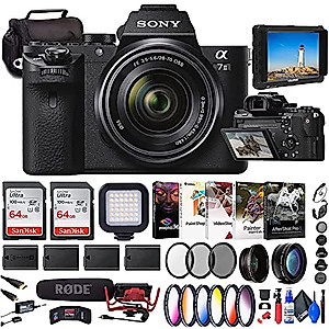 Sony a7 II Mirrorless Camera with 28-70mm Lens (ILCE7M2K/B) + 4K Monitor + Rode VideoMic + Filter Kit + Wide Angle Lens + Telephoto Lens + Color Filter + Bag + 2 x 64GB Card + More (Renewed)