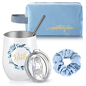 Set of 3 Something Blue Wedding Gift for Bride Blue Flowers Bride Sign 12 oz Stainless Steel Insulated Tumbler with Lids Something Blue Bridal Cosmetic Bag Blue Scrunchies Hair Tie Gifts to Bride