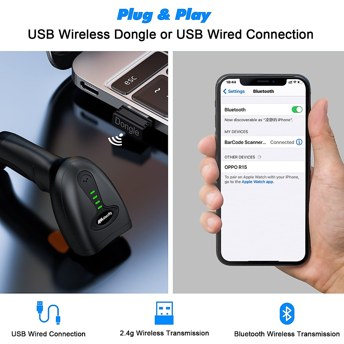 Alacrity Bluetooth Wireless Barcode Scanner 328 Feet Transmission Distance USB Cordless 1D CCD Automatic Barcode Reader Handhold Bar Code Scanner with USB Receiver for Store, Supermarket, Warehouse