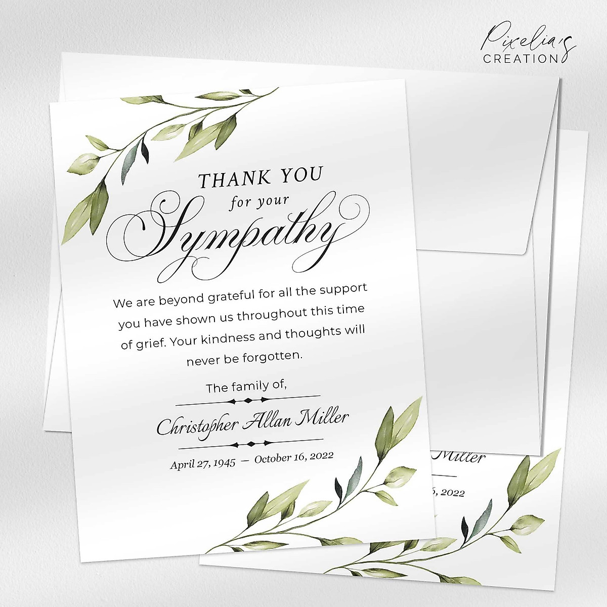 Greenery personalized sympathy thank you notes, Funeral thank you cards with envelopes.