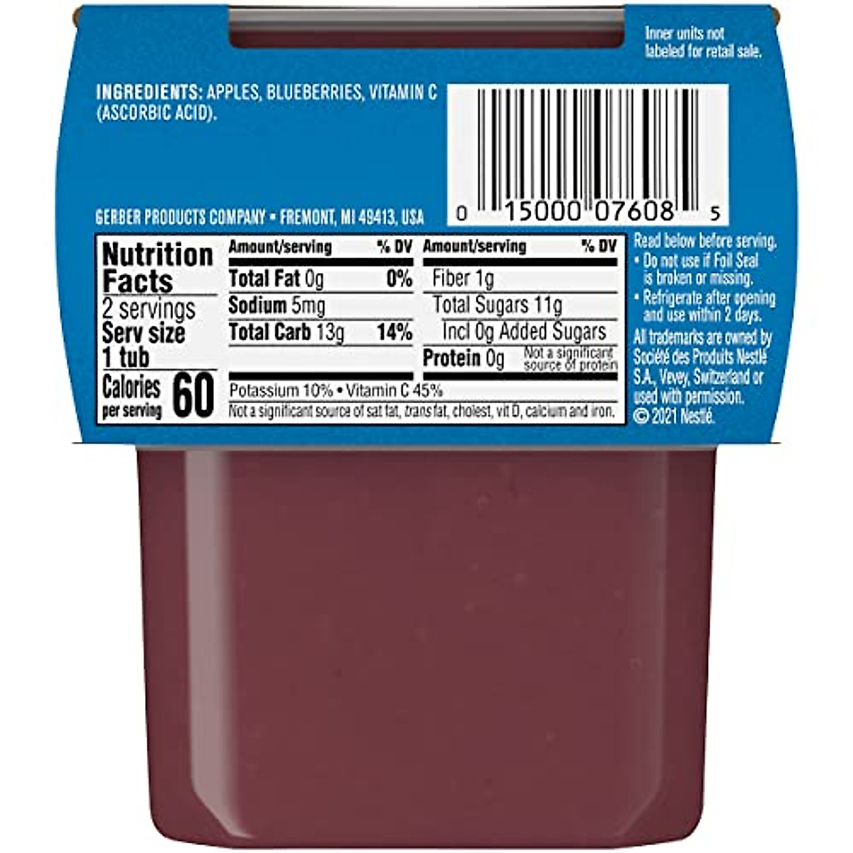 Gerber Baby Food Apple Blueberry, 4 Oz, 2 Ct Tubs