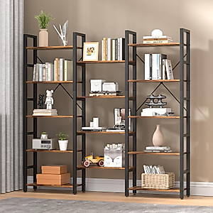 oneinmil Triple Wide 5-Shelves Corner Bookcase Industrial Vintage Wood Style Large Open Bookshelves for Home&Office (Brown, 5-Tier)