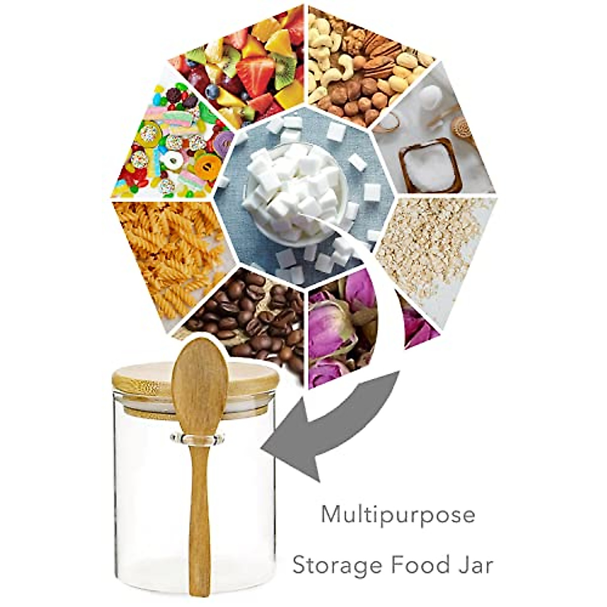 KOIKEY Sugar Jar Glass Salt Container - 15oz Clear Airtight Caning with Bamboo Lid and Spoon Scoop, Storage Overnight Oats, Salts, Coffee Bean, Spice, Creamer, Food Organizer, Pack of 1