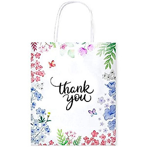 Purple Q Crafts Thank You Gift Bags 50 Pack 8" X 4" X 10" Small Paper Bags With Handles Floral Design Thank You Bags For Business, Boutique, Gifts, Wedding Favors