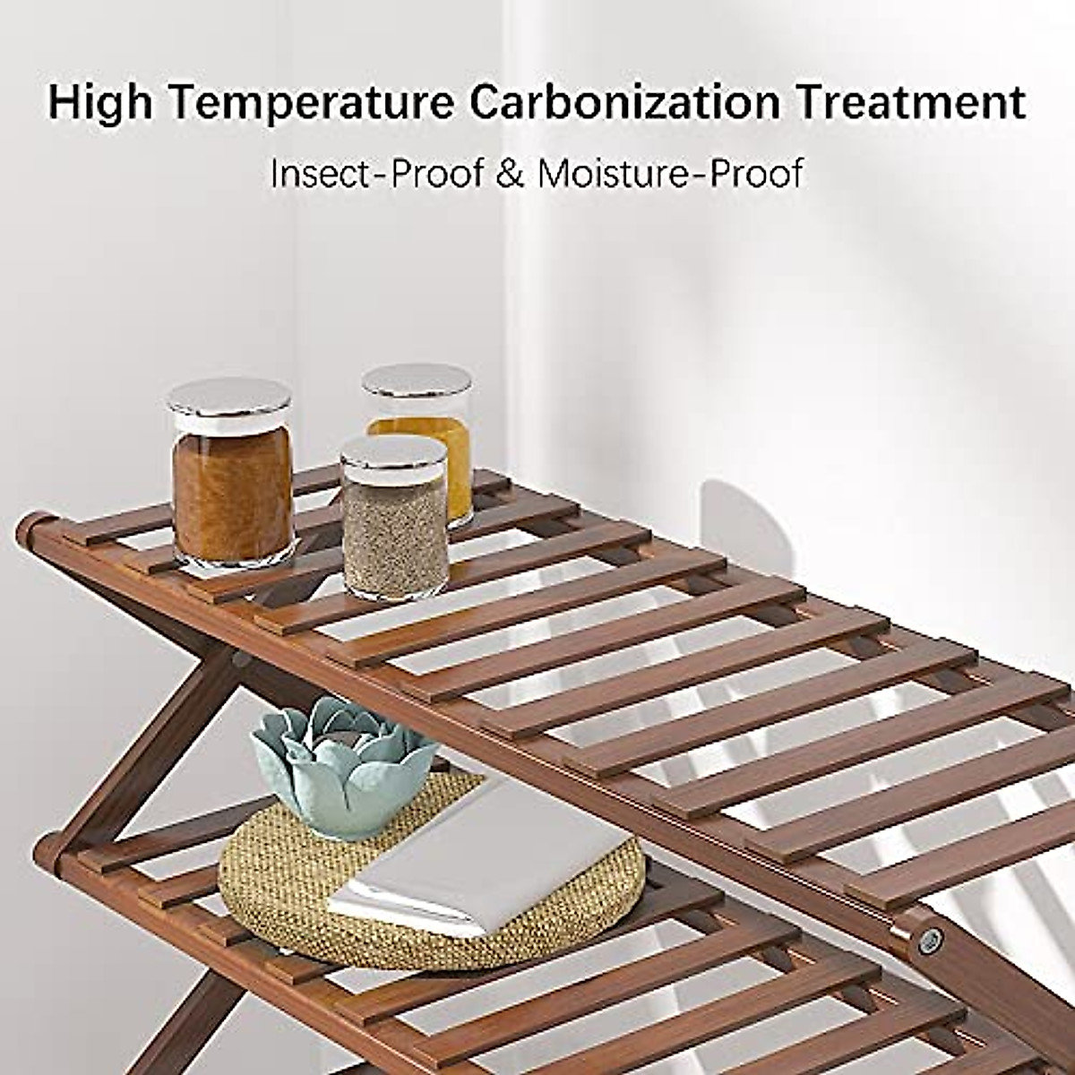 QUMENEY Foldable Bamboo Shoe Rack, 5 Tier Portable Folding Shoes Storage Organizer, No Assembly Free Standing Boots Shelf Suitable for Entryway, 27.5 x 9.8 x 30in (Dark)