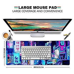 LTHAOGUO Neon Street Desk Mat, Japanese Vaporwave Cyberpunk City Cyan Gaming Mouse Pad, Rubber Base XL Large Deskmat for Computer Laptop, 31.5 X 11.8 Inch -Tokyo Rain Umbrella