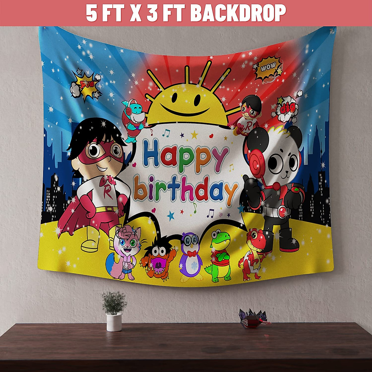 Nelton RW Birthday Party Supplies Includes Includes Backdrop - Cake Topper - 24 Cupcake Toppers - 18 Balloons - Table Cloth