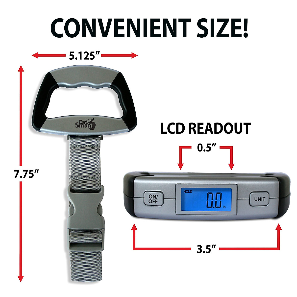 Eat Smart SmartGrip Portable Instant Read Digital Handheld Luggage Scale, Compact, Easy to Read, Lightweight, Durable, High 110 lb Capacity, Battery Included, Silver