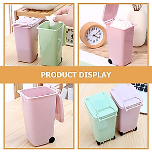 Tofficu Small Waste Basket 2pcs Mini Curbside Garbage Trash Bin with Wheels Lid Pen Holder Tiny Recycle Can Pencil Cup Desktop Organizer for Bedroom Office Desktop Car Green Pink