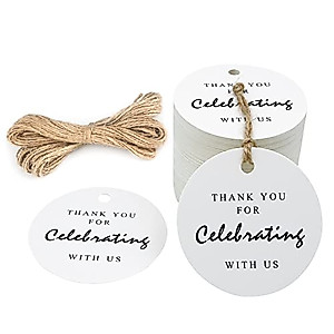 Thank You for Celebrating with Us Tag,Original Design Paper Gift Tag,100 PCS Kraft Tags with 100 Feet String for Wedding,Baby Shower, Party Favor (White)