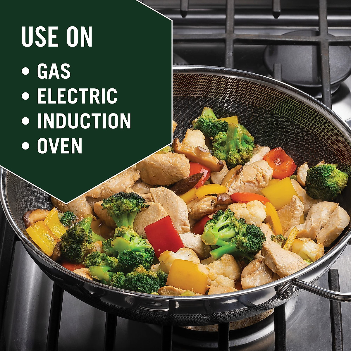 HexClad 3 Piece Hybrid Stainless Steel Cookware Set - 12 Inch Fry Pan, 12 Inch Griddle Skillet, 12 Inch WoK - Stay-Cool Handle - Dishwasher Safe, Non Stick, Works on Induction, Gas, & Electric Stove