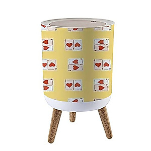 Round Trash Can with Press Lid Game cards seamless Design gambling Repeated texture in doodle style Small Garbage Can Trash Bin Dog-proof Trash Can Wooden Legs Waste Bin Wastebasket 7L/1.8 Gallon
