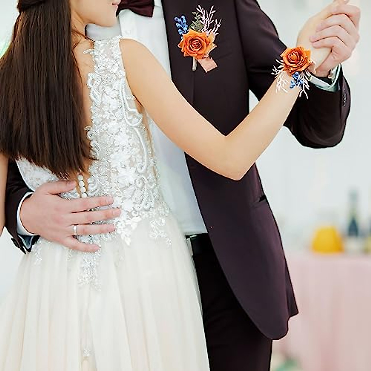 AJOYEGG Wrist Corsage and Boutonniere Set: Corsage Wristlet Band Bracelet Flower and Men Boutonniere Rose Flower Set for Wedding Prom Suit Decoration(Burnt Orange)