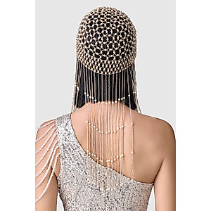BABEYOND 1920s Pearl Flapper Cap Headpiece Roaring 20s Gatsby Pearl Head Chain (Rose Gold)