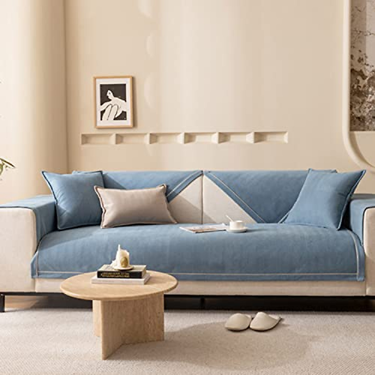 Sofa Cover 3/2/4 Seater Sofa Slipcover L Corner Shape Soft Chenille Herringbone Couch Cover Universal Non-Slip Thick Reversible Quilted Corner Slipcovers Washable for Living Room Dogs,Blue,90*180cm