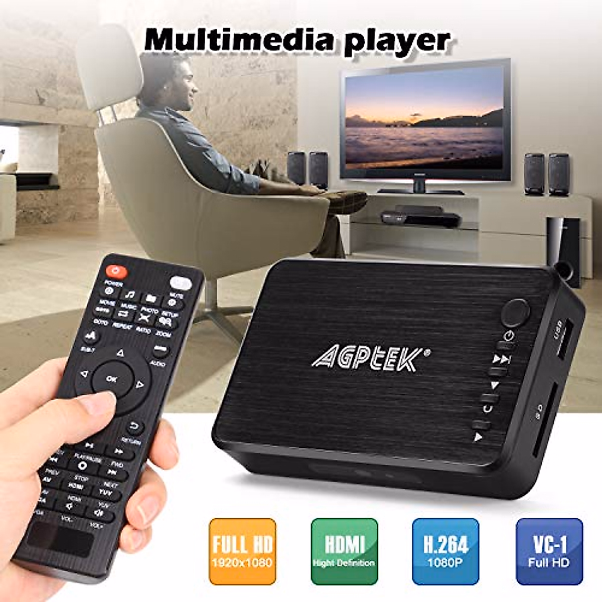 AGPTEK 1080P Media Player Read USB Drive/SD Card with HD HDMI/AV/VGA Output for RMVB/MKV/JPEG etc with Remote Control