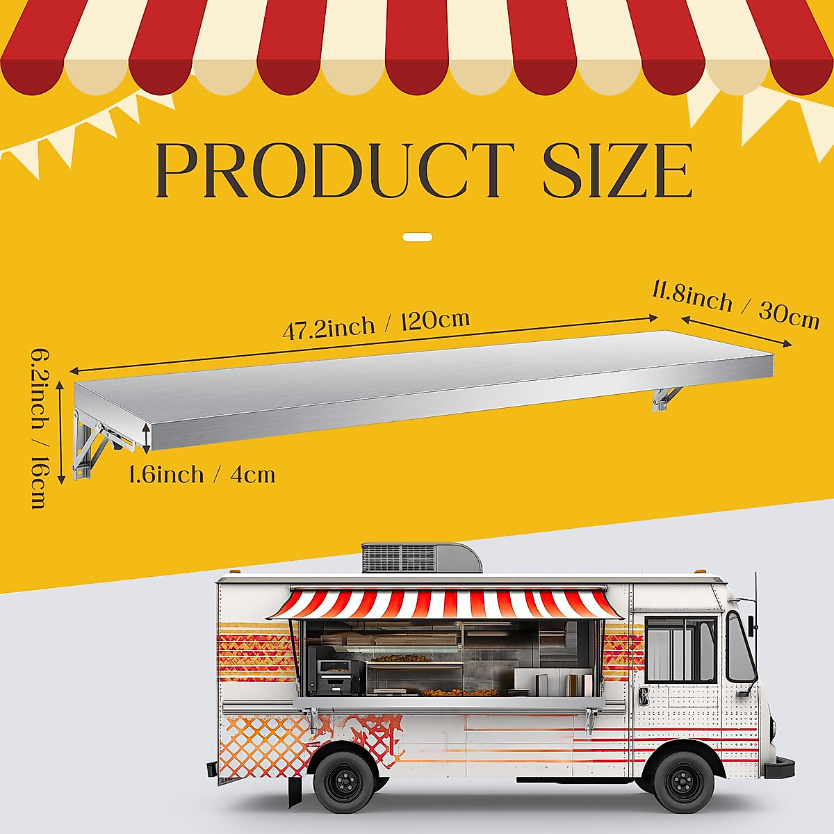 Vercraft 1 Pack Stainless Steel Shelf Folding Concession Wall Mounted Shelves Commercial Serving Stand Shelves for Food Truck Trailer Windows Restaurant Kitchen Home Utility Room Garage (12"x47")