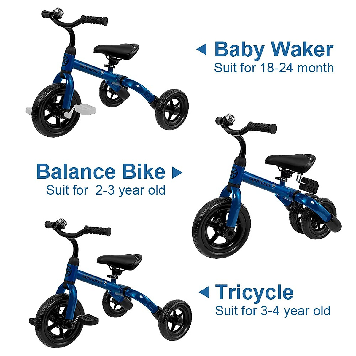 YGJT 3 in 1 Tricycle for Toddlers Age 2-5 Years Old, Folding Kids Balance Bikes with Adjustable Seat and Removable Pedal, Ride-on Toys for Infant, Gift for Baby Boys Girls Birthday(Blue)