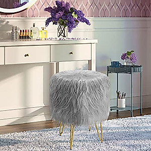 GREENSTELL Vanity Stool Chair with Storage, 15.75" W x 19.29" H Round Faux Fur Ottoman with 4 Metal Legs, Furry Padded Seat, Modern Multifunctional Makeup Stool for Bedroom Living Room Grey