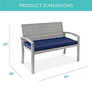 Best Choice Products Outdoor Bench 2-Person Wicker Garden Patio Benches Seating Furniture for Backyard, Porch w/Seat Cushion, 700lb Capacity - Gray/Navy