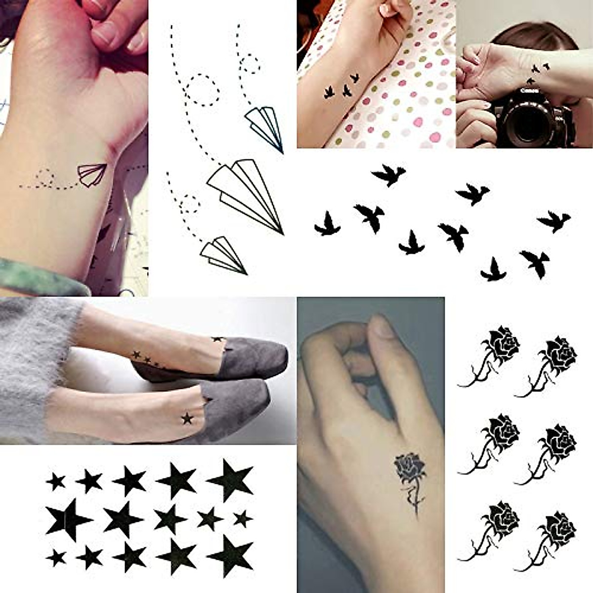 Oottati 30 Sheets Small Cute Temporary Tattoos Kit - Black Foot Print Camera Elephant Star Diamond Cross Bird Cat for Kids Women Men