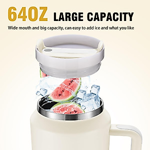 PlanetFlame 64oz Insulated Tumbler with Handle, Stainless Steel Double Wall Vacuumn Water Bottle, Lid and Straw for School, Gym, Hiking & Camping, Cream