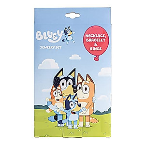 LUV HER Bluey Girls 4 Piece Costume Toy Jewelry Box Set with Silver Rings, Bead Bracelet and Necklace Ages 3+