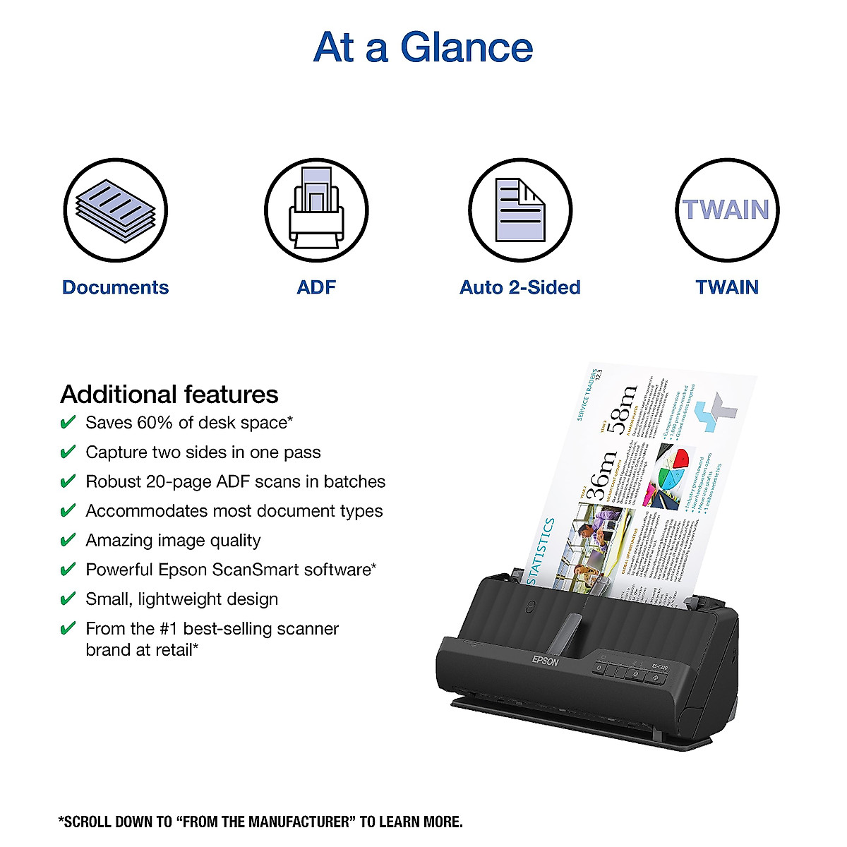 Epson Workforce ES-C220 Compact Desktop Document Scanner with 2-Sided Scanning and Auto Document Feeder (ADF) for PC and Mac