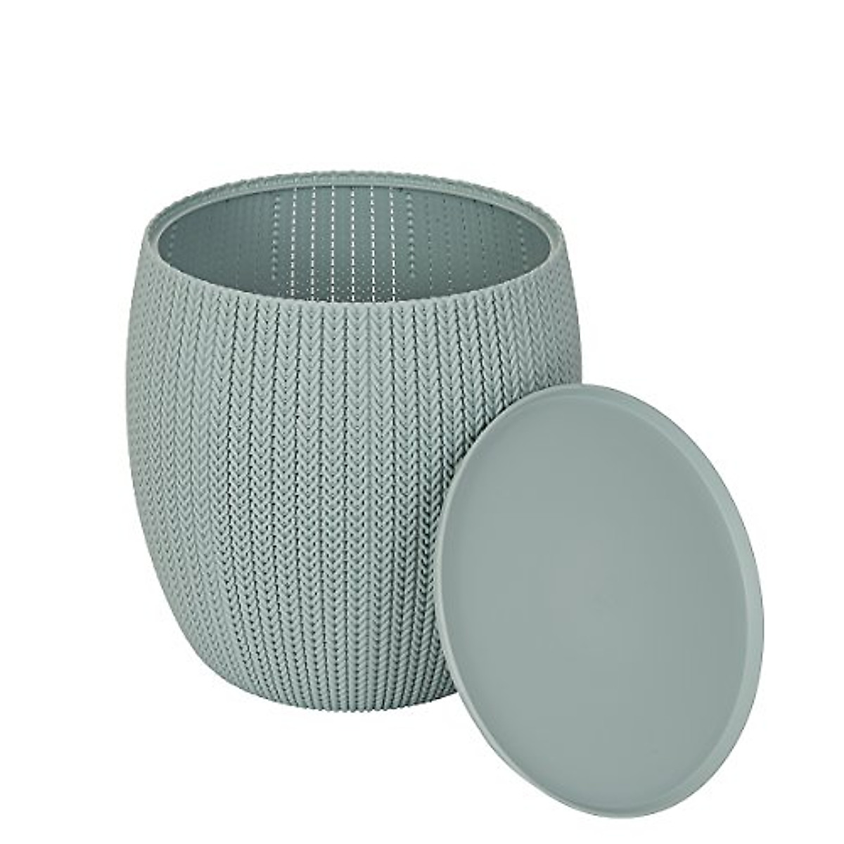 Keter Urban Knit Pouf Ottoman Set of 2 with Storage Table for Patio and Room Décor - Perfect for Balcony, Deck, and Outdoor Seating, Misty Blue & Taupe
