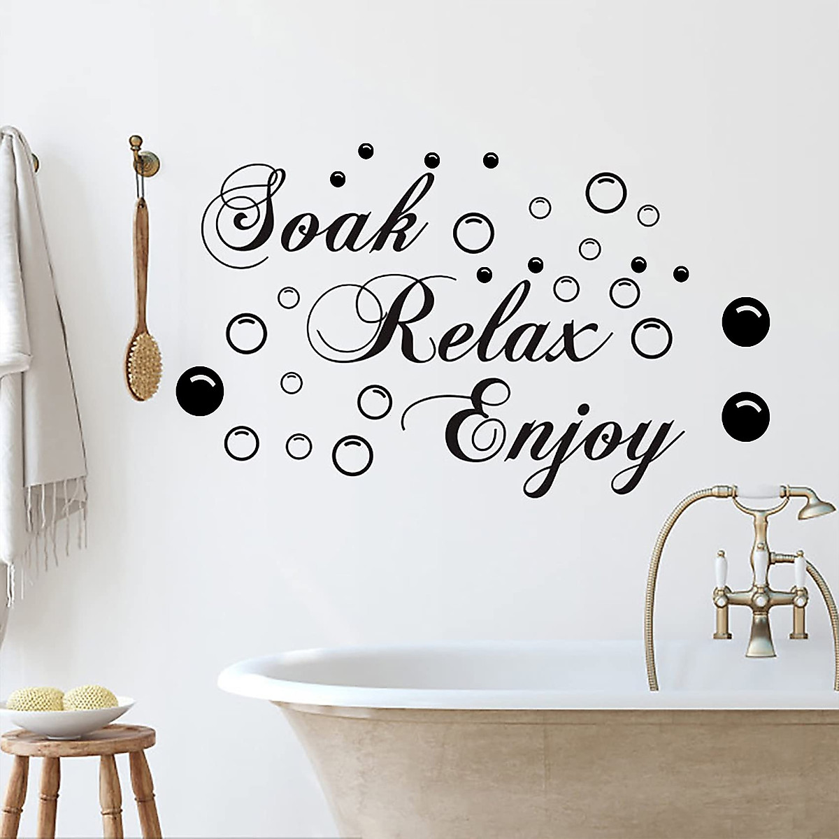Bathroom Wall Stickers, Black Soak Relax Enjoy Quotes Stickers with Bubble Decals, Beautiful Wall Art Words Peel and Stick Stickers for Home Bathroom Decor
