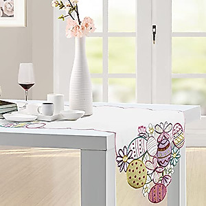 OWENIE Easter Table Runner, Embroidered and Cutwork Colorful Eggs Table Runner for Easter Holiday and Spring Season Table Decor, 13 x 70 Inch Cute Dresser Scarves