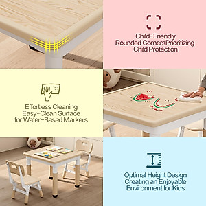 YAIWOMI Kids Table and Chair Set, Graffiti Desktop Kids Tables for Ages 3-8, Adjustable Height Toddler Table and Chair Set, 23.6''Lx23.6''W Kids Table, Toddler Table with 2 Seats, Max 300lbs