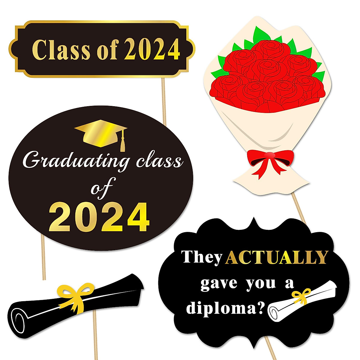 Graduation Photo Booth Props (50Count), Konsait Large Graduation Photo Props Class of 2024 Grad Decor with Sticks for Kids Boy Girl, Black and Gold, for Graduation Party Favors Supplies Decorations