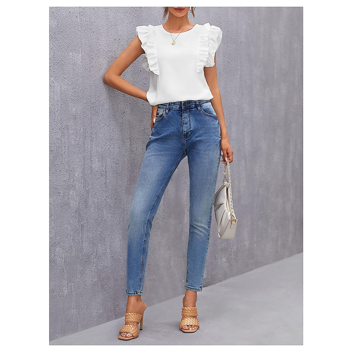 Milumia Women Elegant Ruffle Trim Butterfly Sleeve Blouse Round Neck Work Shirt Top White Large